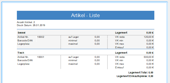 Inventurliste drucken